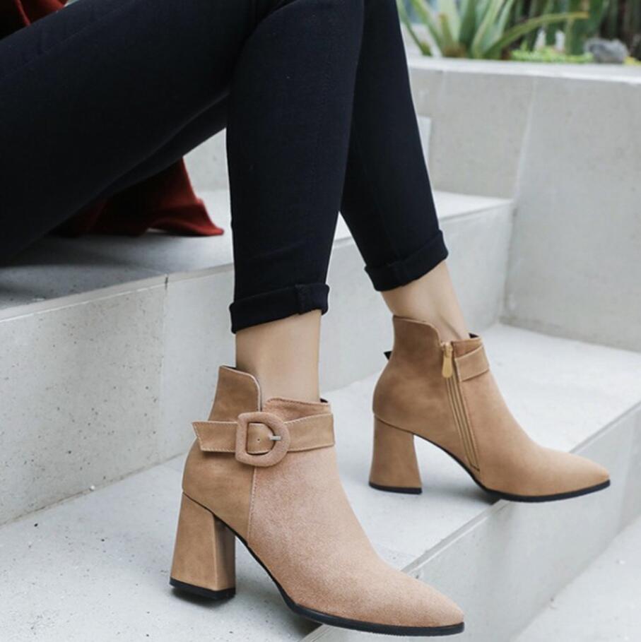 Chunky Heel Ankle Buckle Suede Boots For Small Feet MS285 - AstarShoes