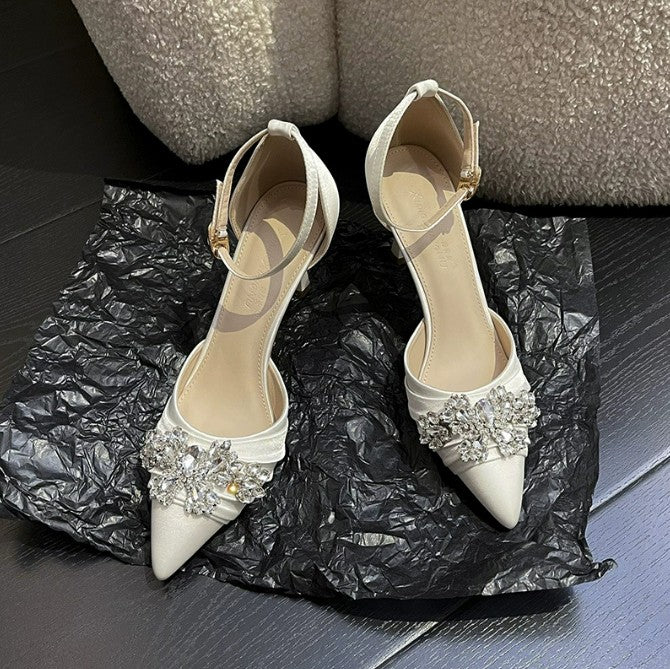 Petite Closed White Satin Heels For Small Feet FS56 - AstarShoes