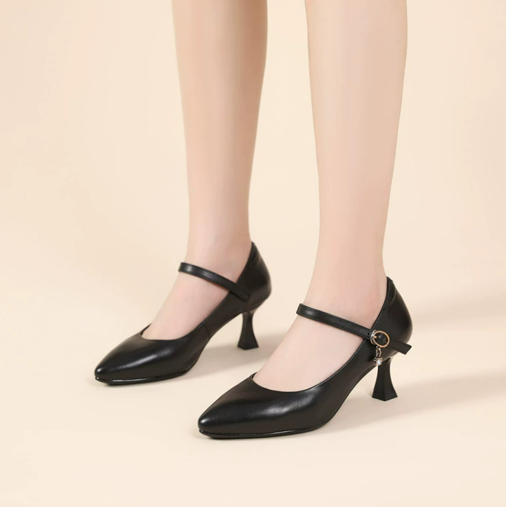 Petite Mid Heel Mary Jane Leather Pump Shoes TS107 - AstarShoes