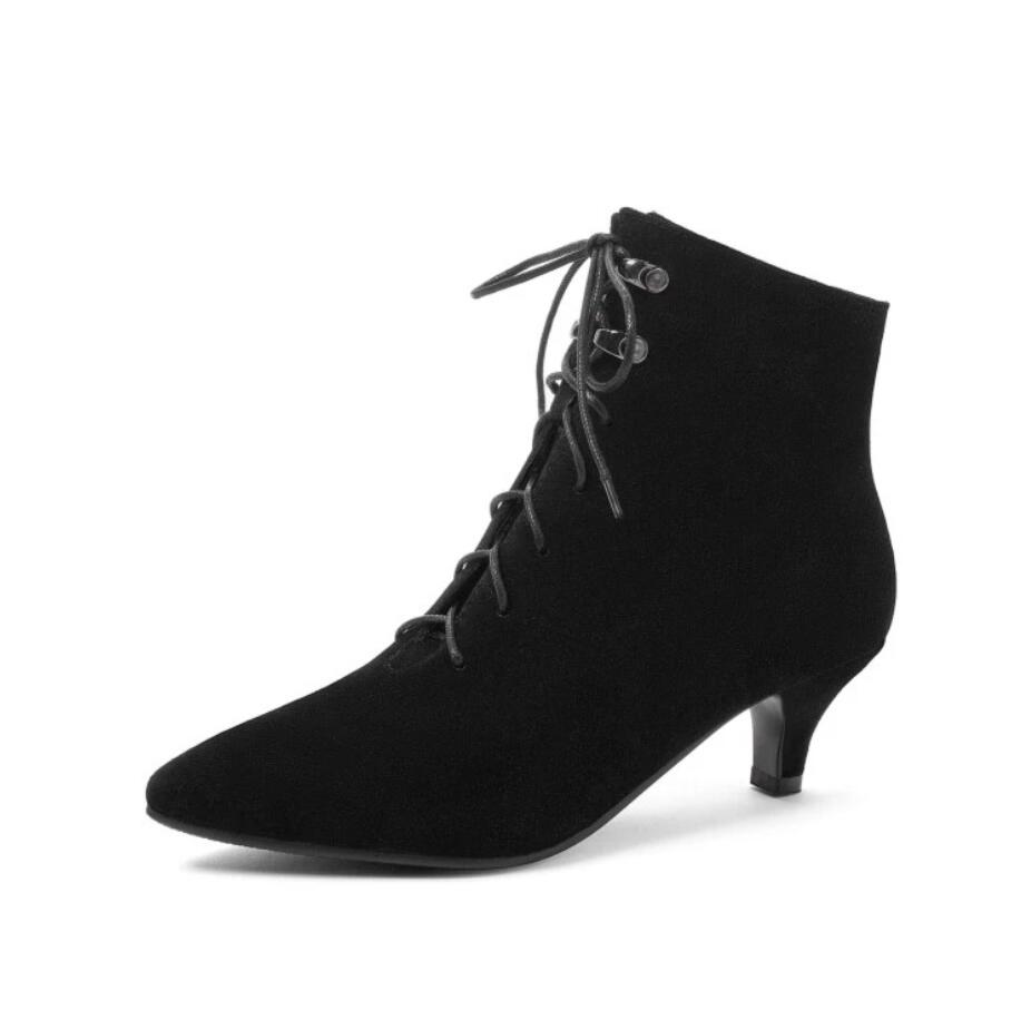Petite Pointed Toe Lace Up Suede Low Heel Booties MS275 - AstarShoes