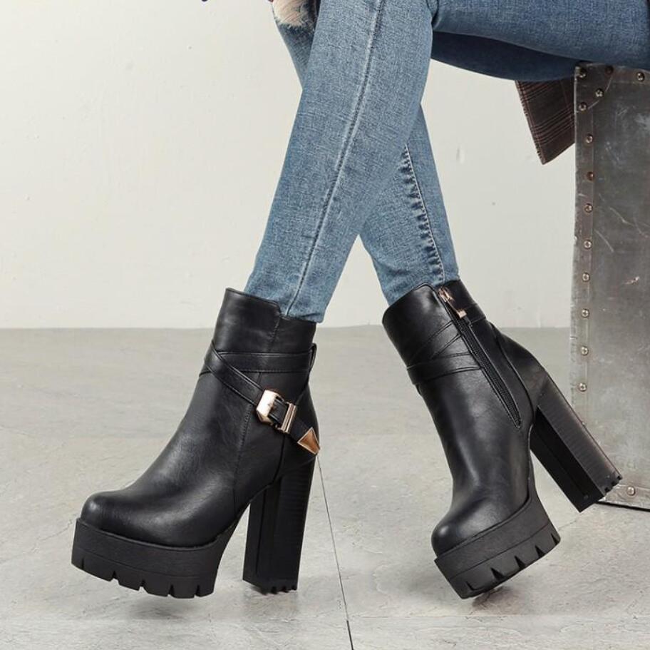 Petite Size Chunky Heel Platform Ankle Boots AP226 - AstarShoes