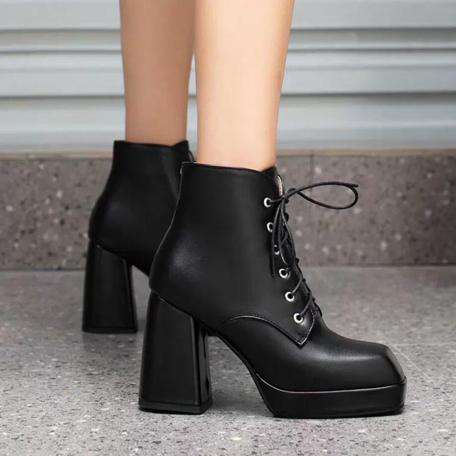 Petite Size Square Toe Chunky High Heel Short Boots MS195 - AstarShoes