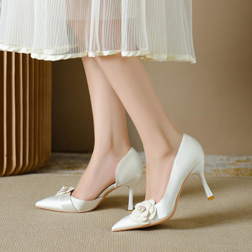 Petite White Silk Satin Side Empty Heeld Shoes TS108 - AstarShoes