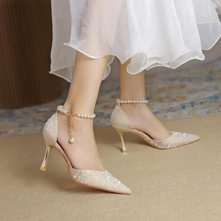 Small Feet Pearl Ankle Strap Pointy Heels TS86 - AstarShoes