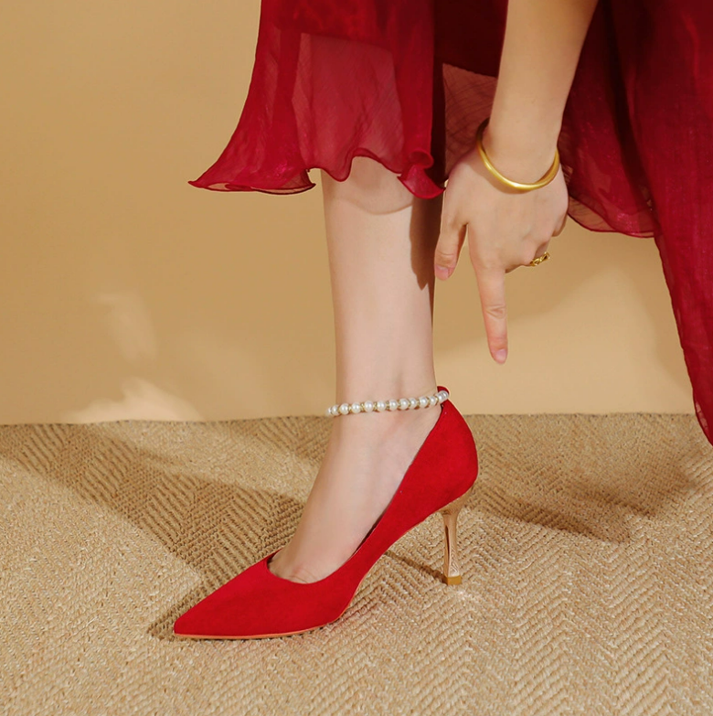 Women's Red Suede Heels With Pearl Ankle Straps TS337 - AstarShoes