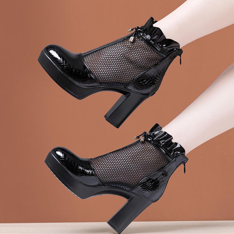 Small Size 2 Chunky Heel Lace Mesh Boots GS382 - AstarShoes