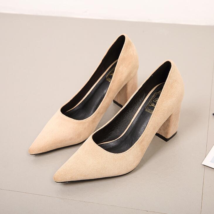 Small Size Pointy Toe Chunky Suede Heels ES24 - AstarShoes